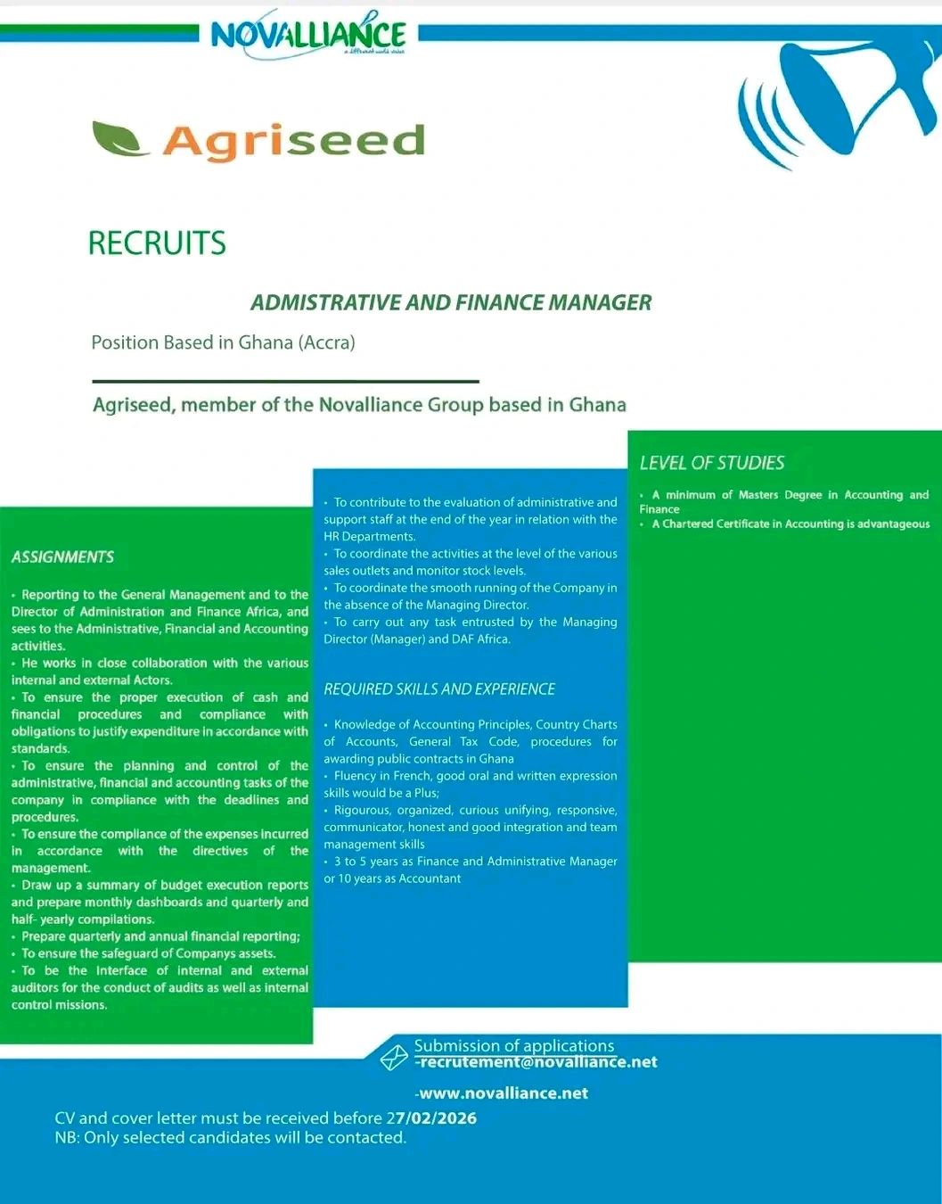 ADMINISTRATIVE AND FINANCE MANAGER - Vacancies In Ghana