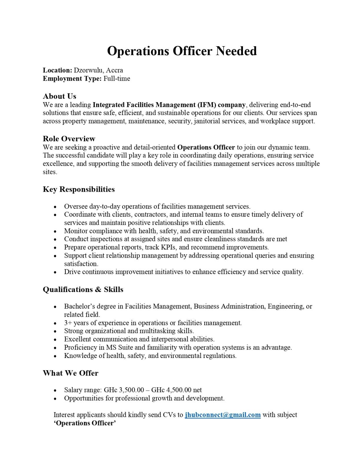 OPERATIONS OFFICER - Vacancies In Ghana